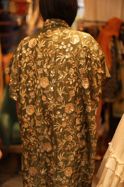 GREEN EMBROIDERED KIMONO ODO, hand made - MOMO NEW YORK - sustain...