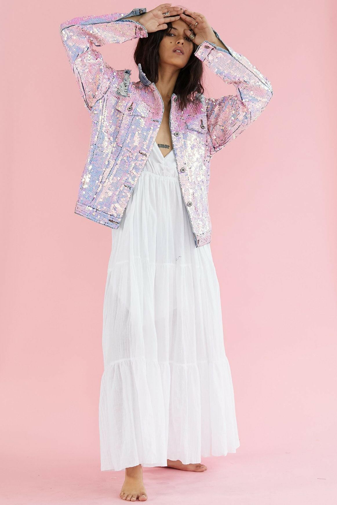 SEQUIN EMBROIDERD DENIM JACKET DEMI, hand made - MOMO NEW YORK