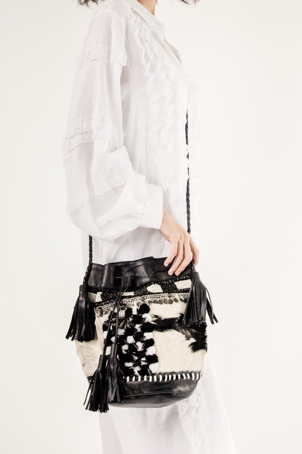 BLACK BOHO BUCKET BAG JANE X FREE PEOPLE, hand made - MOMO NEW YO...