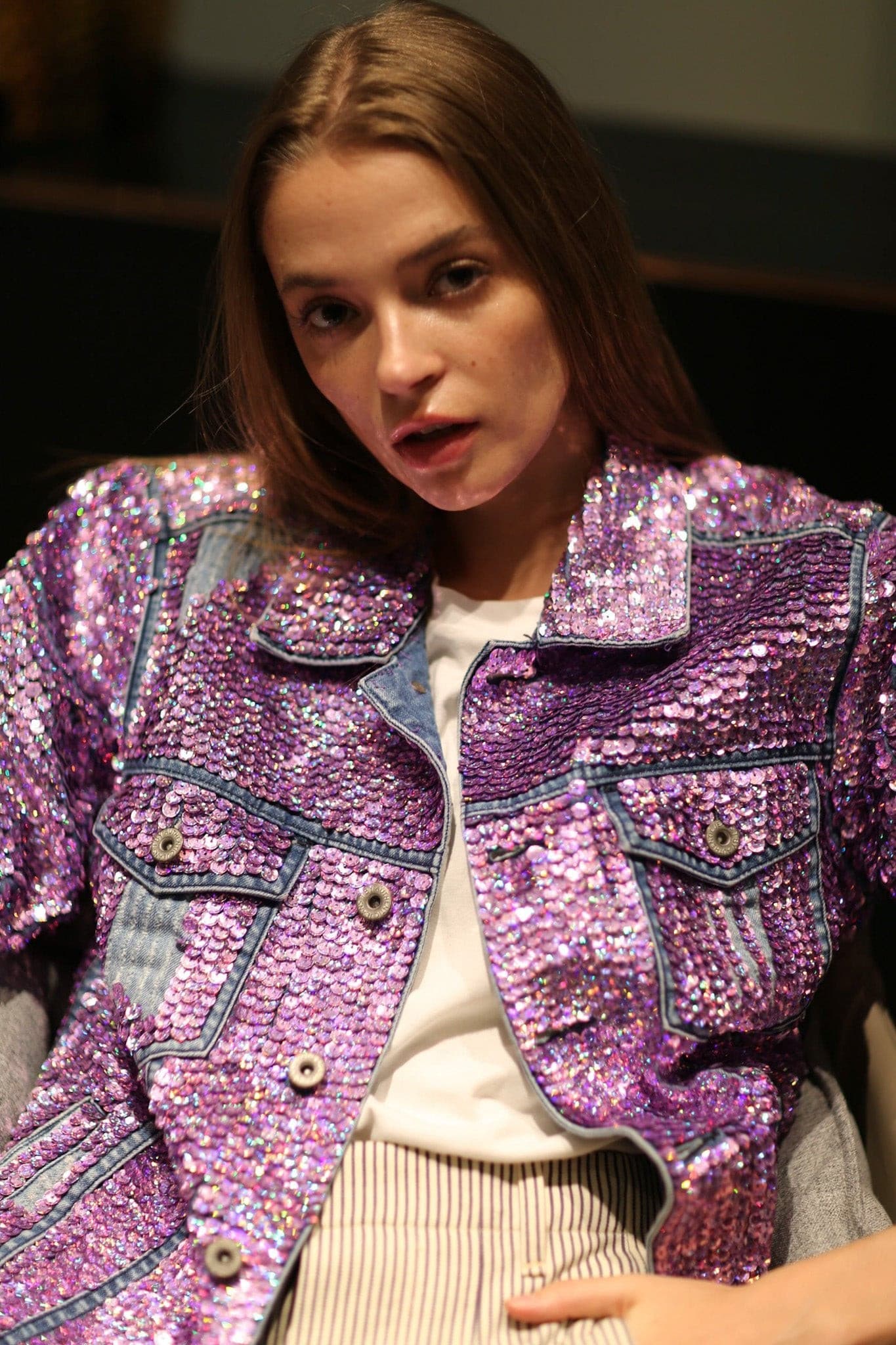 EMBROIDERED SEQUIN DENIM JACKET DEMI, hand made - MOMO NEW YORK