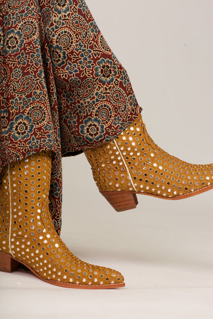 MUSTARD EMBELLISHED SILK BOOTS SANDY, hand made - MOMO NEW YORK