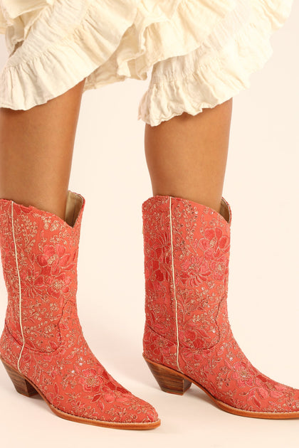 PEACH ORANGE EMBROIDERED BOOTS SANTA BARBARA, hand made - MOMO NE...