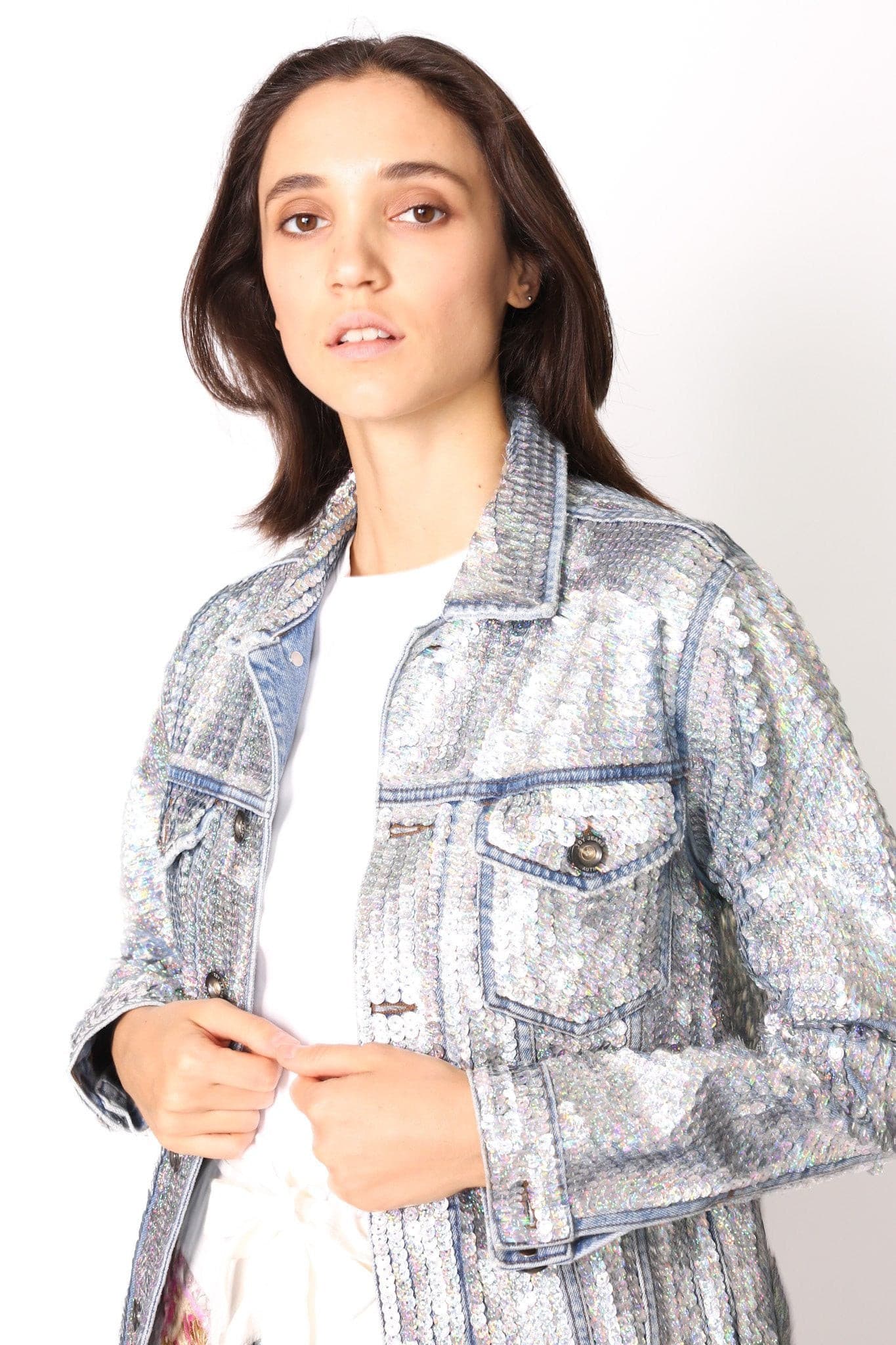 SEQUIN HAND EMBROIDERED DENIM JACKET DEMI (SILVER), hand made - M...