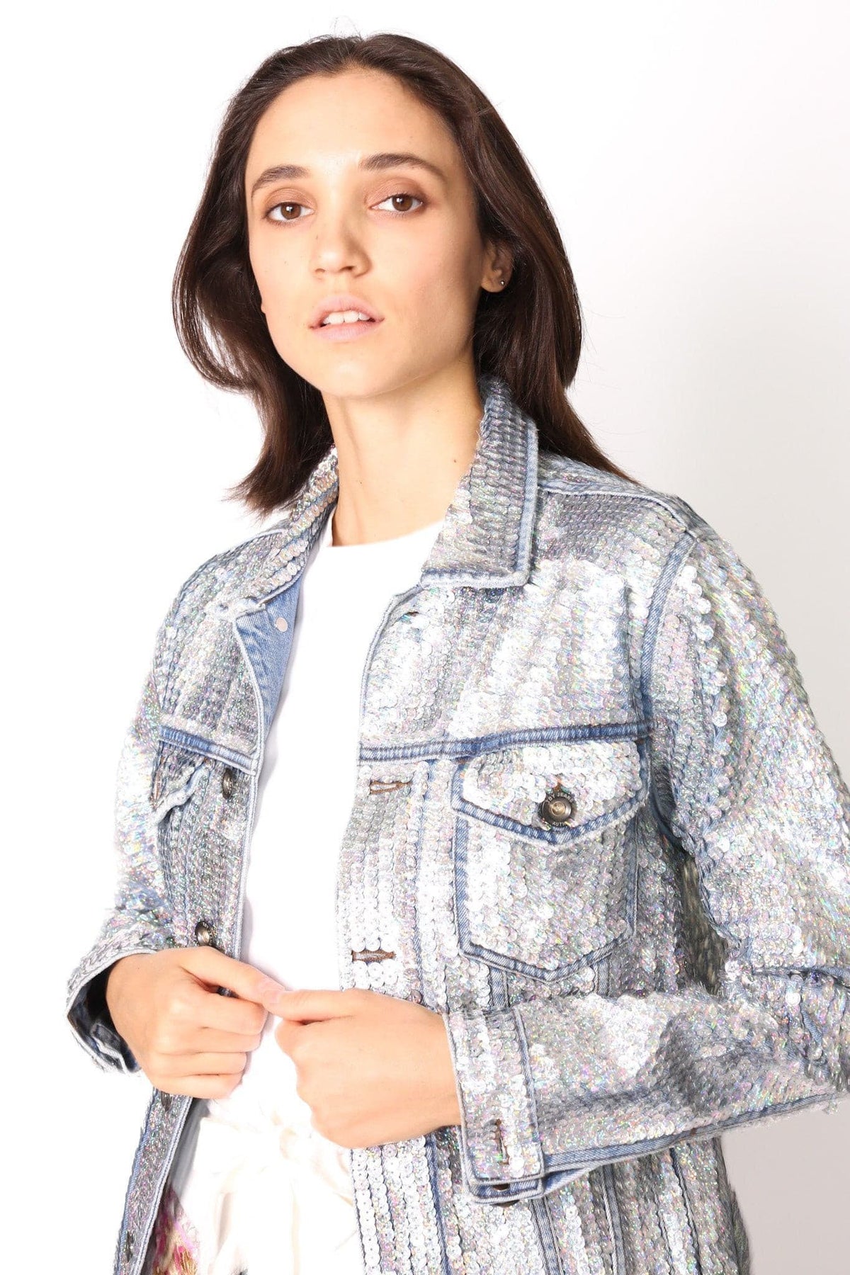 SEQUIN HAND EMBROIDERED DENIM JACKET DEMI (SILVER), hand made - M...