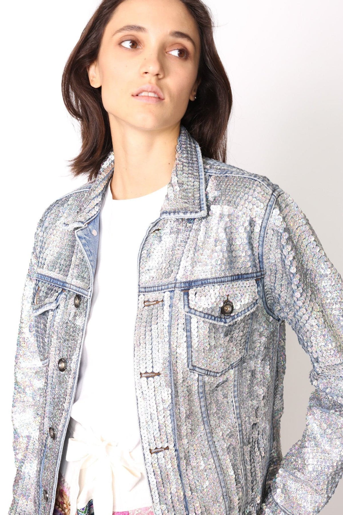 SEQUIN HAND EMBROIDERED DENIM JACKET DEMI (SILVER), hand made - M...