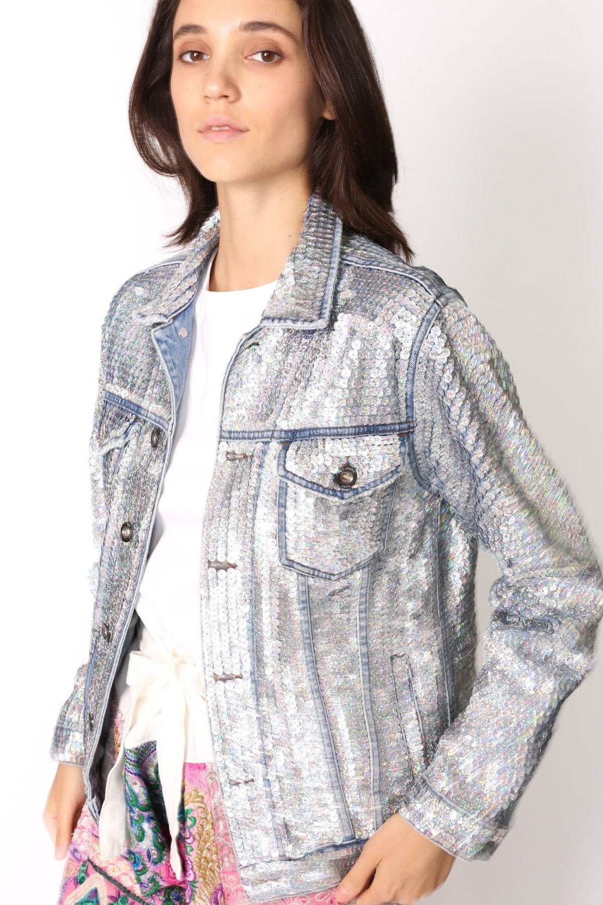 SEQUIN HAND EMBROIDERED DENIM JACKET DEMI (SILVER), hand made - M...
